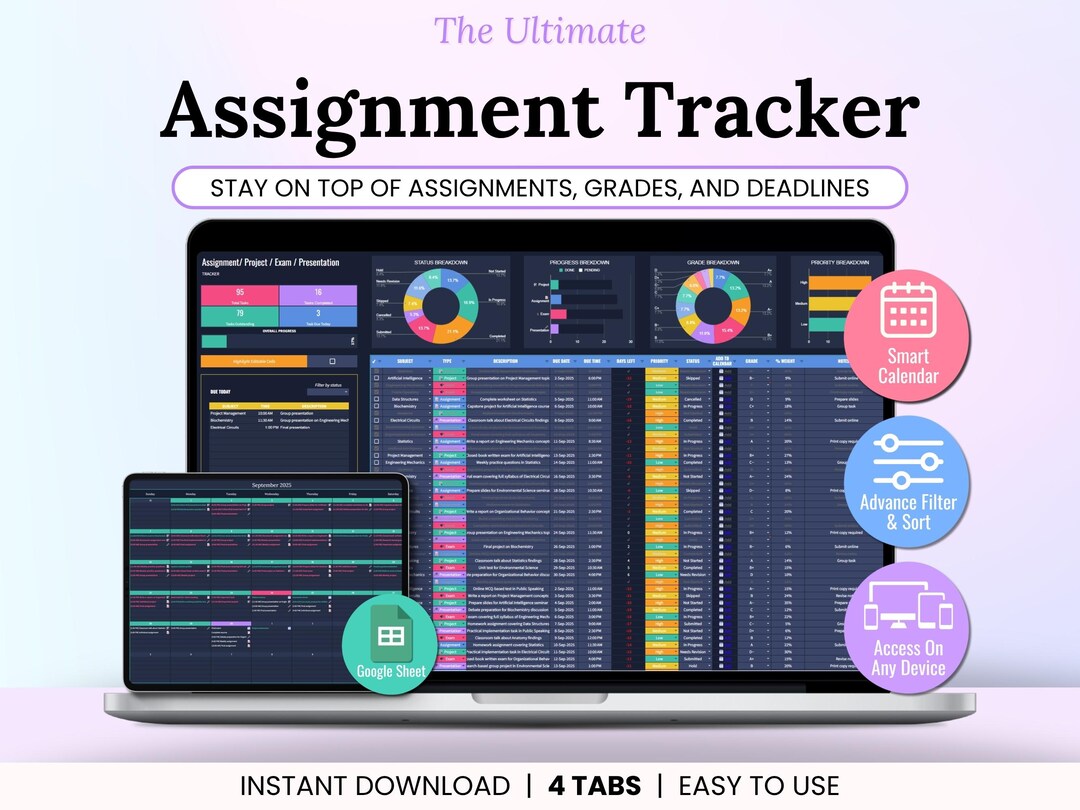Assignment Tracker Spreadsheet Dark Mode Student Planner Google Sheets ...