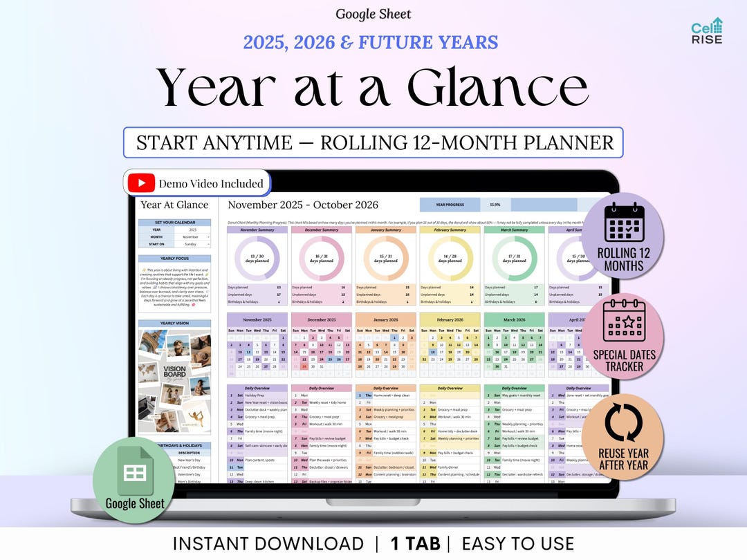Year at a Glance Planner Spreadsheet Undated Yearly Overview Google ...