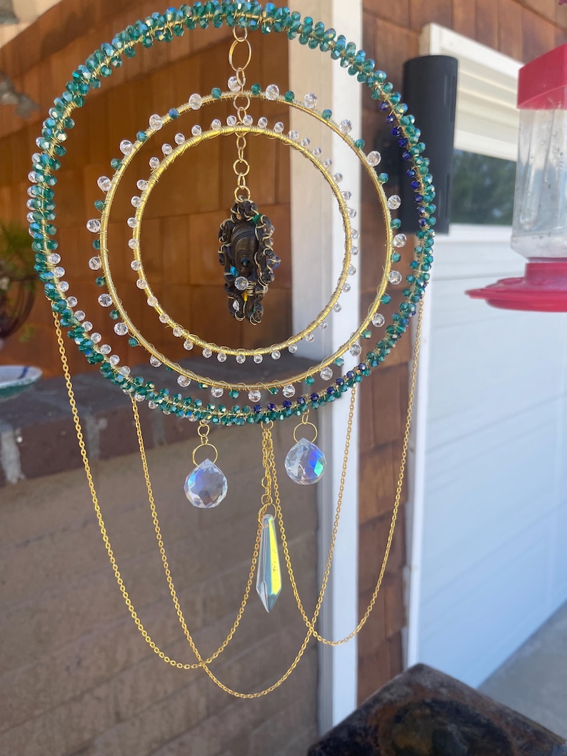 Octopus Ocean Suncatcher – Triple Hoop Gold Wire Wrapped Beaded Hanging ...