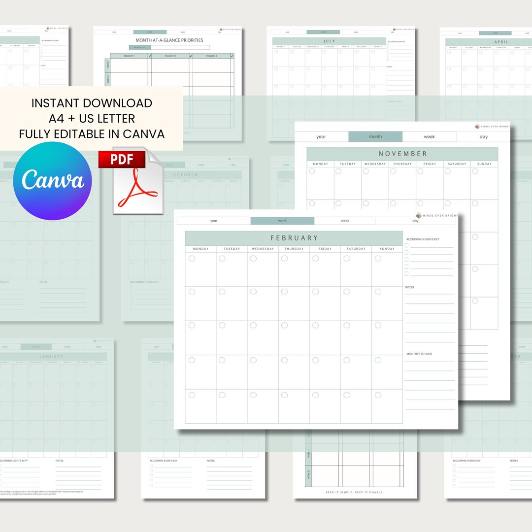 Simple 12 Month Calendar and Monthly Priorities | A4 and US Letter ...