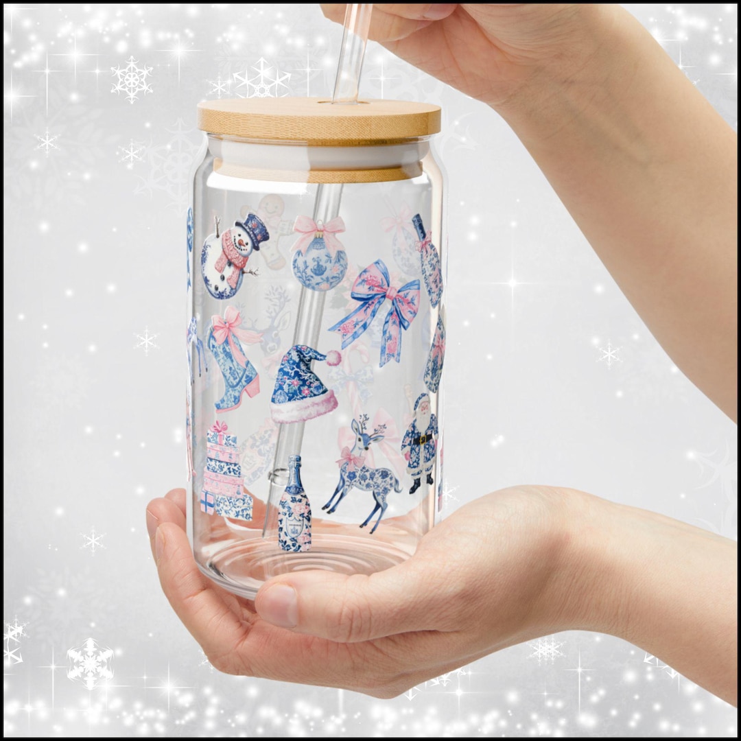 Pink Blue Winter Toile Glass Can | Christmas Iced Coffee Cup With ...
