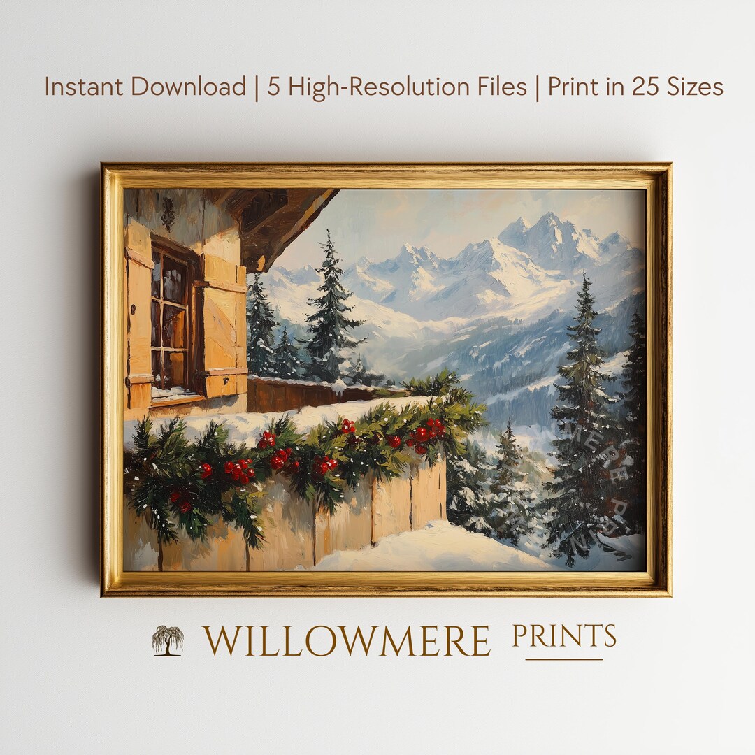 Winter Chalet Balcony Art - Printable Alpine Scene, Snowy Mountains ...