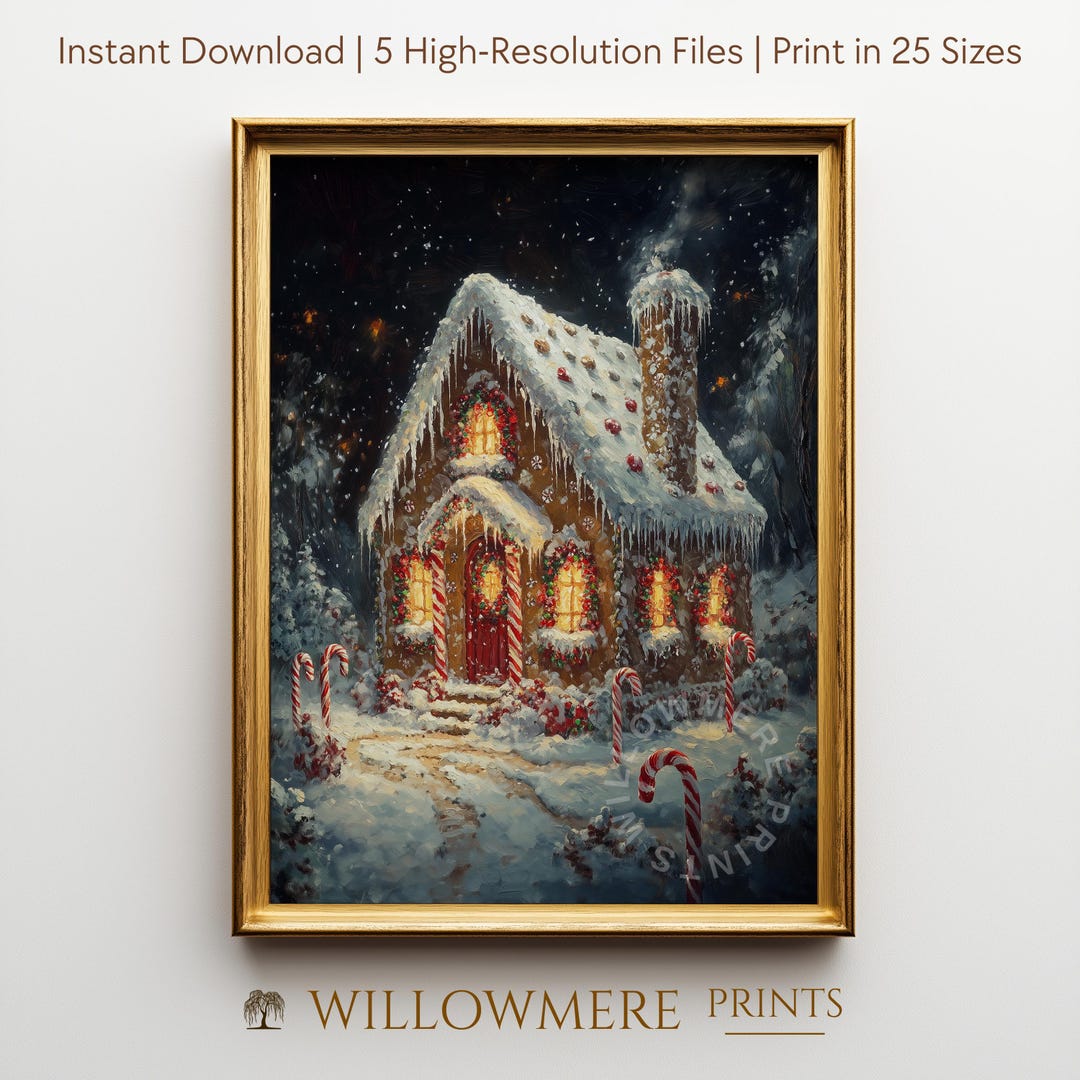 Gingerbread House Oil Painting: Vintage Christmas Cottage Print ...