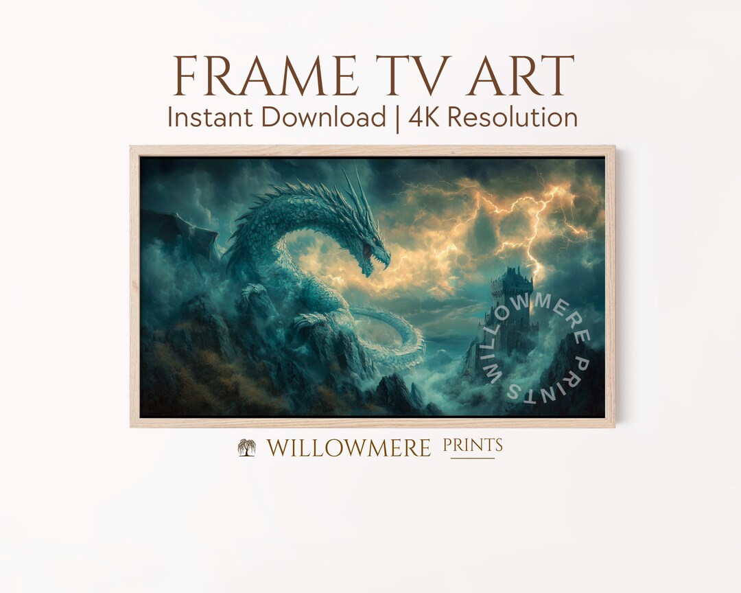 Colossal Dragon Fantasy TV Art, Mythical Creature Frame TV Art, Oil ...