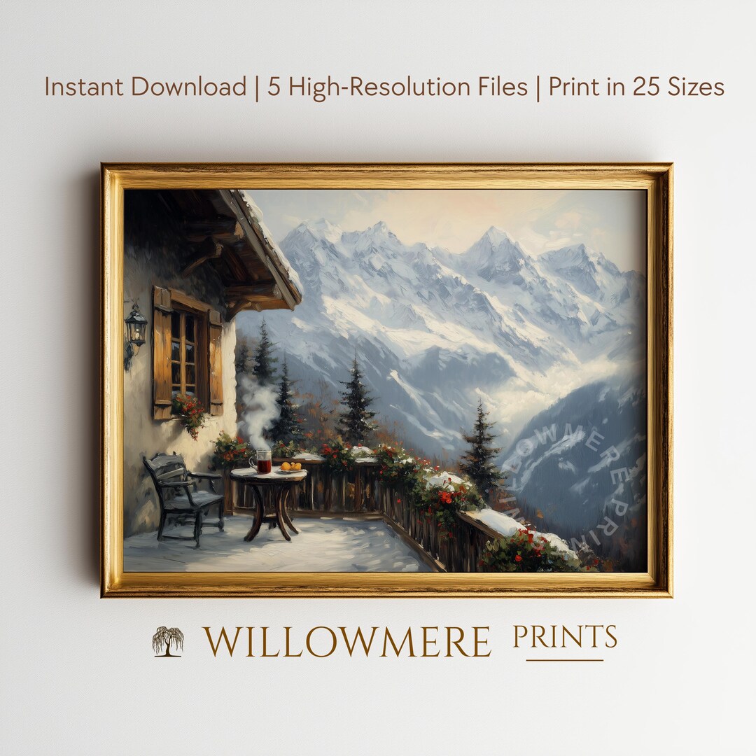 Alpine Chalet Balcony With Mountain View - Winter Landscape Art, Snowy ...