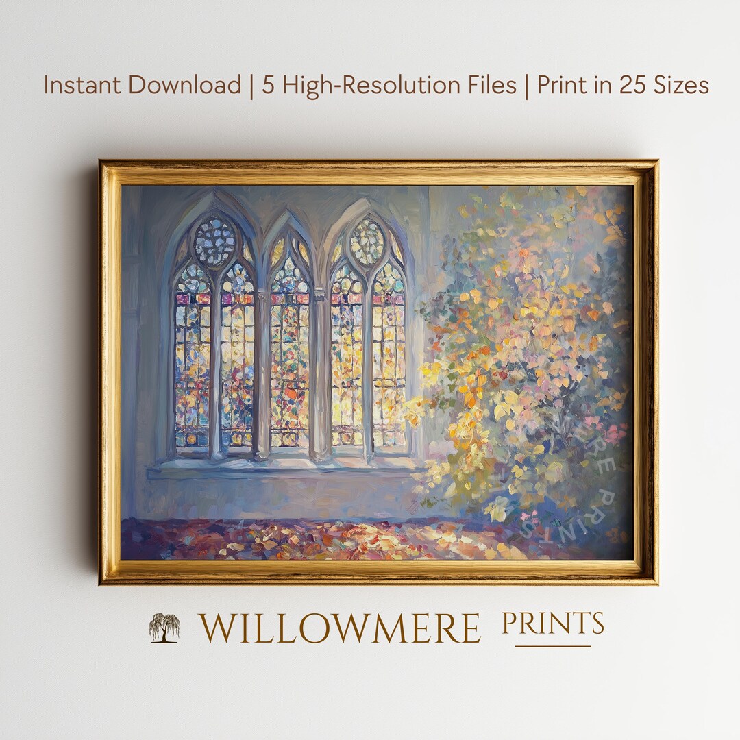 Vintage Cathedral Windows Painting - Enchanting Oil Style Art, Rustic ...