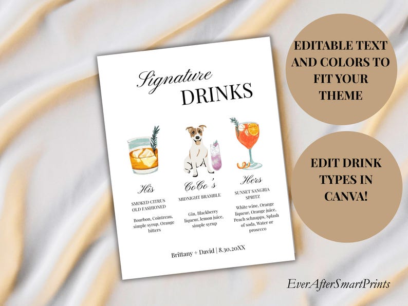 Editable Signature Drink Sign: Wedding Bar Menu Canva Template (8.5x11 ...