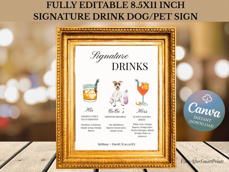 Editable Signature Drink Sign: Wedding Bar Menu Canva Template (8.5x11 ...
