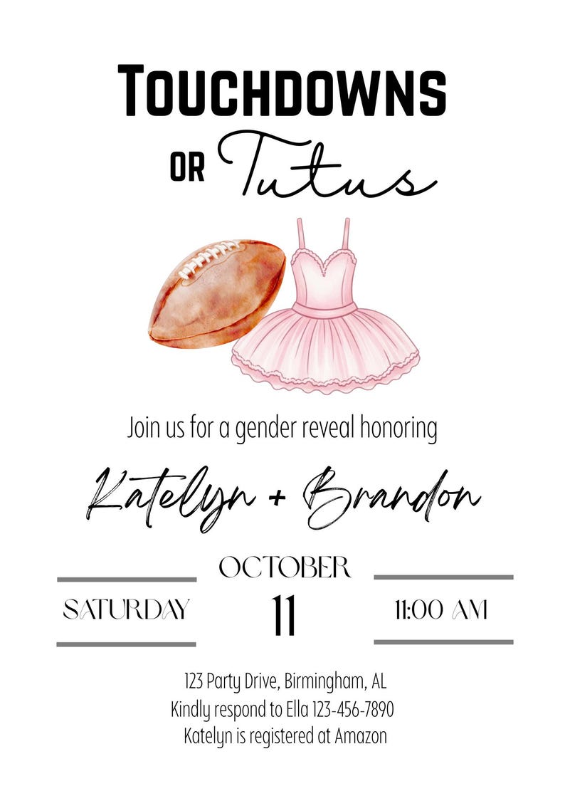 Customizable Digital Gender Reveal Invitation, Touchdown or Tutu, Boy ...