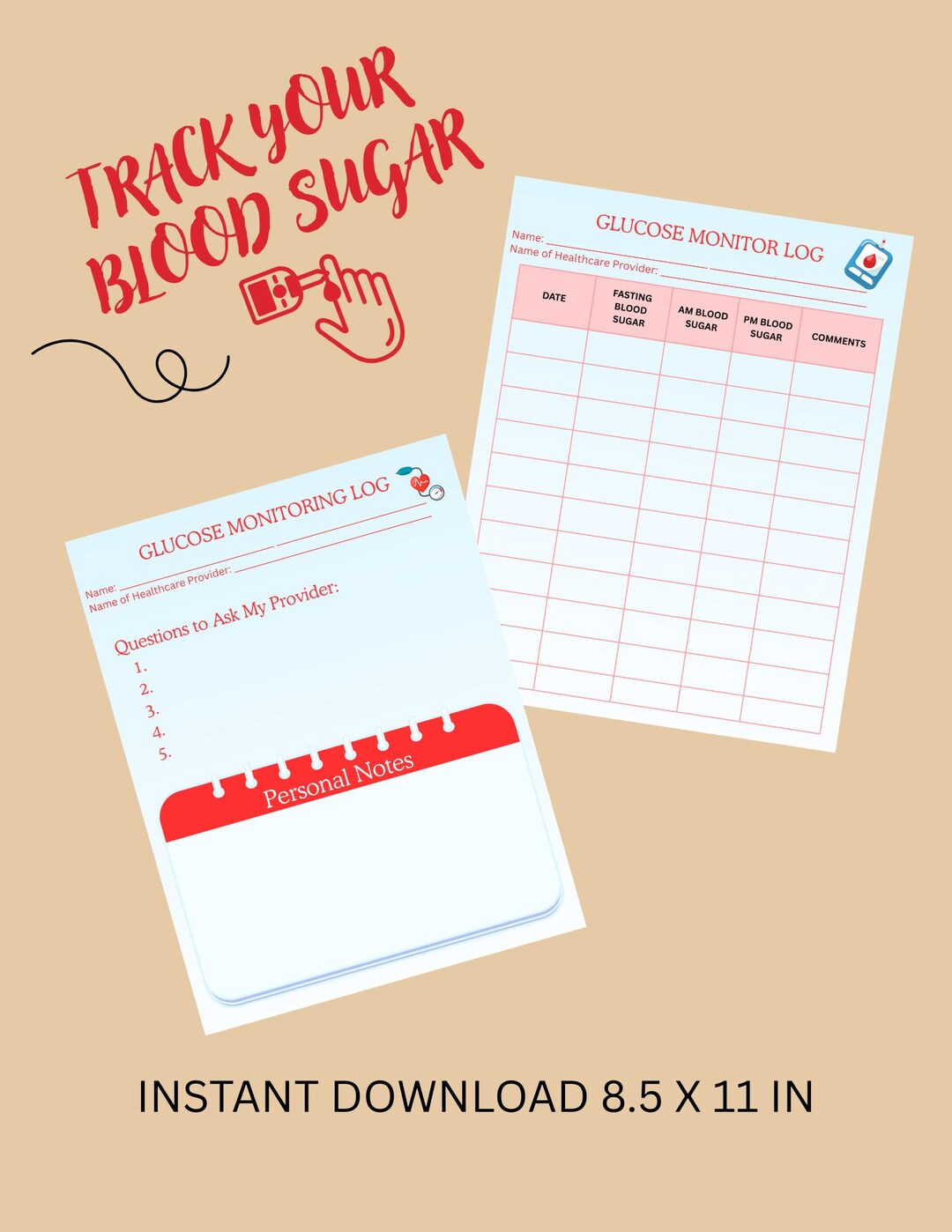 Glucose Monitoring Log Printable | Blood Sugar Tracker for Patients (2 ...