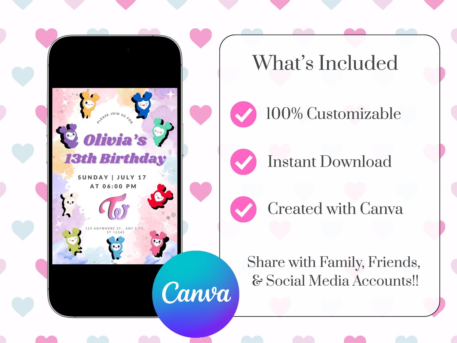 Twice Lovelys Birthday Invitaion, KPOP Themed Invitation, Editable ...