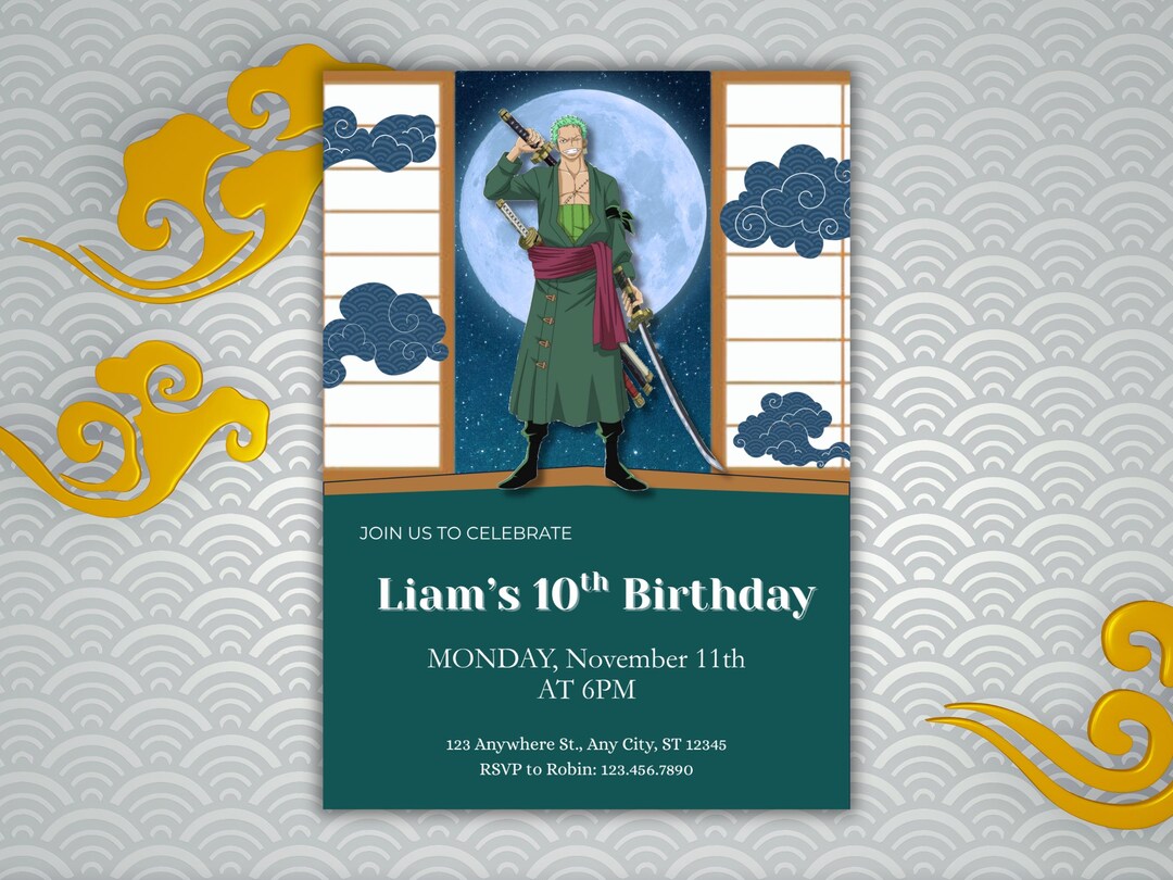 One Piece Zoro Birthday Invitation | Anime Party Invite (editable ...