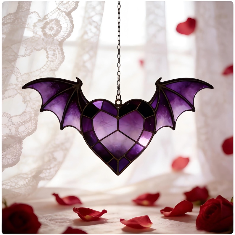 Purple Bat Wing Heart Stained Glass Suncatcher - Dark Romantic Gothic ...