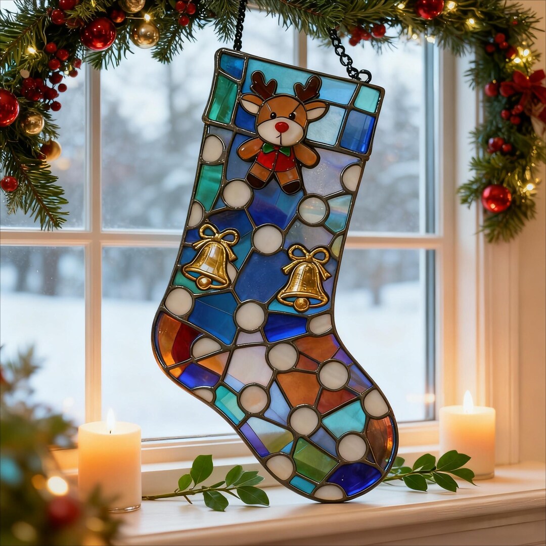 Stained Glass Christmas Stocking Suncatcher: Reindeer & Bells, Handmade ...