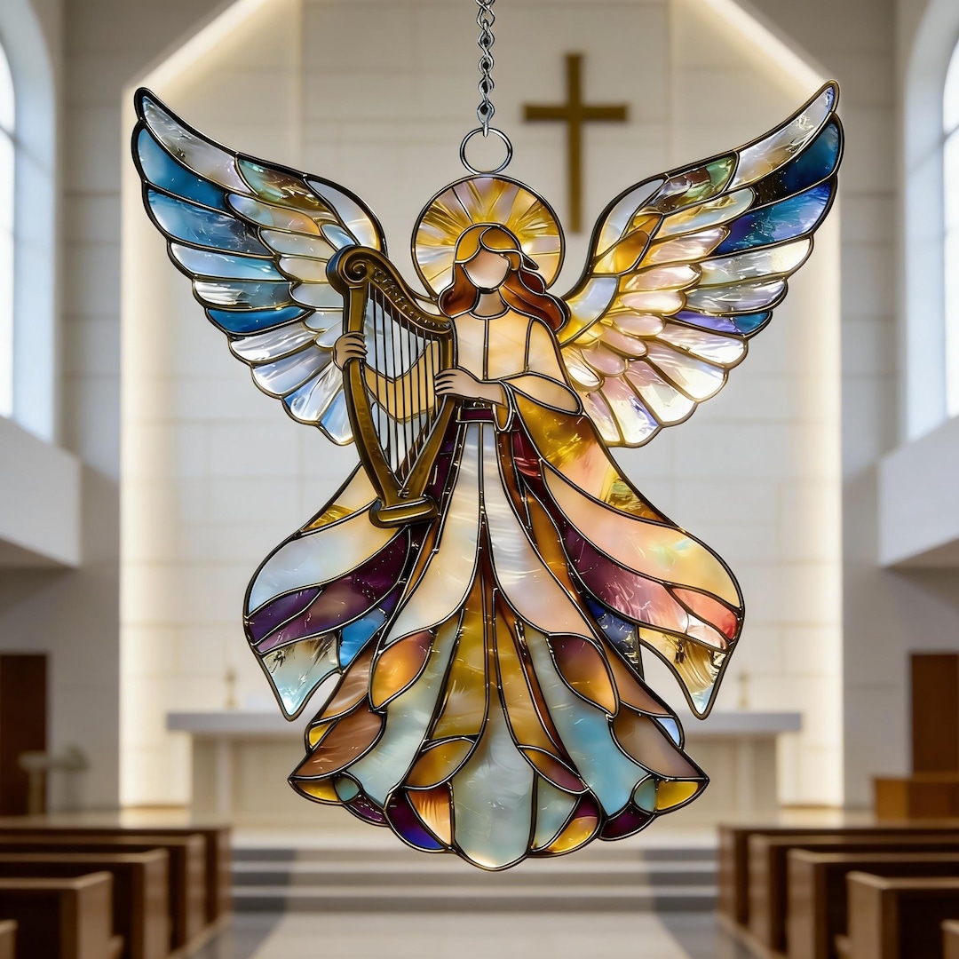 Handmade Stained Glass Angel With Harp Suncatcher, Religious Christian ...