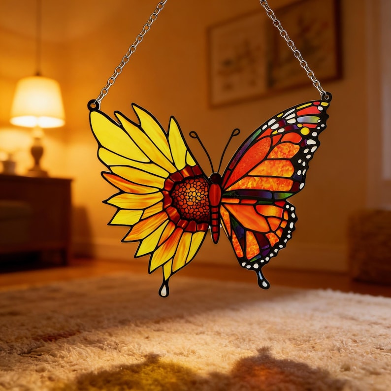 Monarch Butterfly Sunflower Stained Glass Suncatcher - Nature Inspired ...