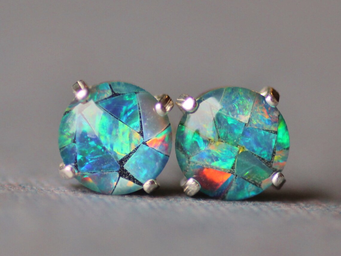 GENUINE Opal Earrings,australian Mosaic Opal Petite Earrings,round ...