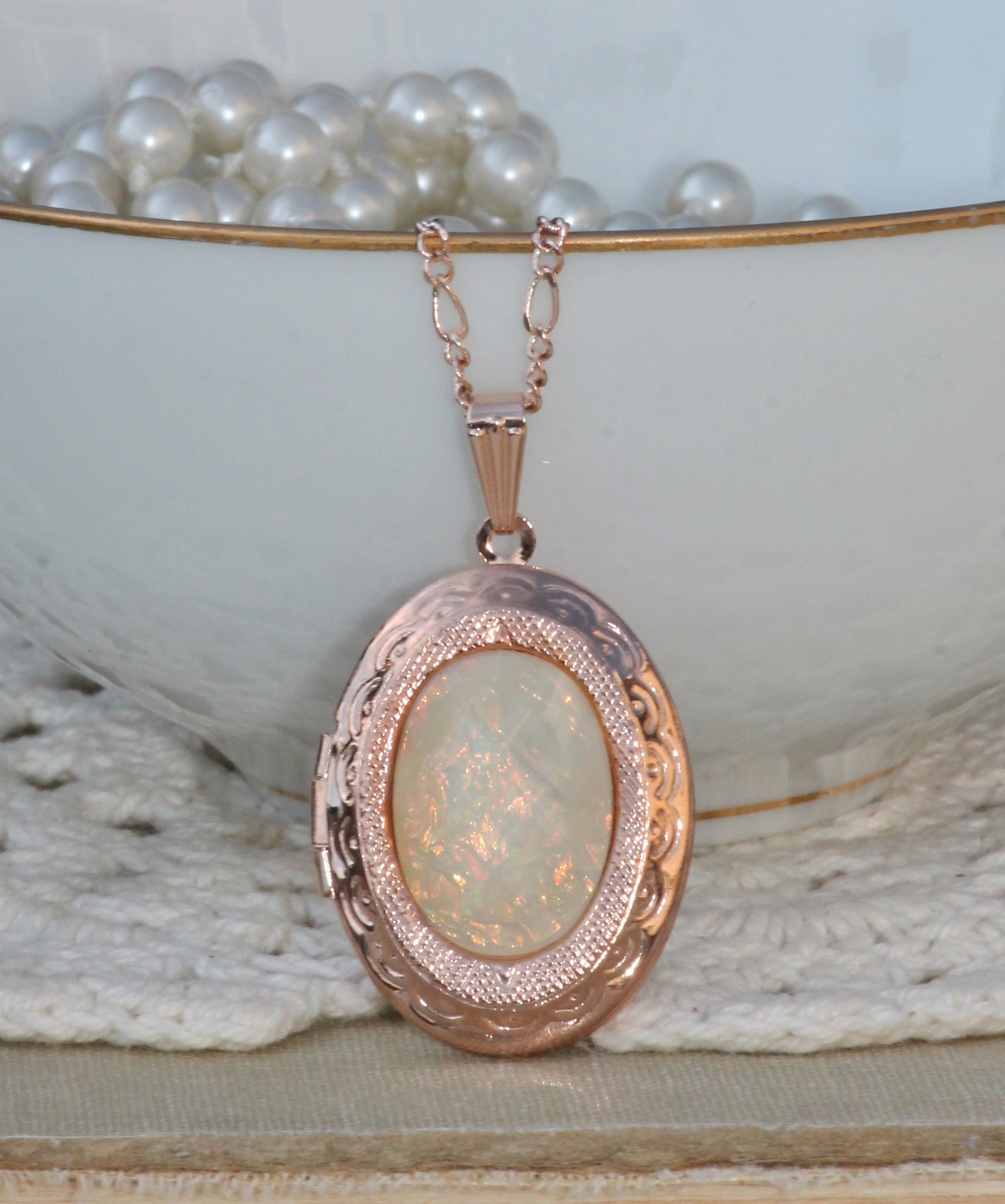Rose Gold & Opal Locket Necklacechoose Your Colorjeweled | Etsy