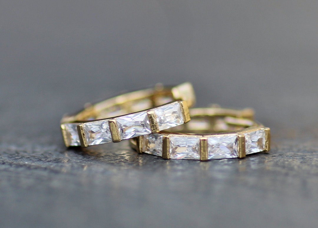 Tiny Small Cubic Baguette Golden Hoops,small Clear CZ Hoop Earrings ...