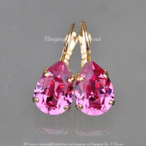 Rose Medium Bright Pink Crystal Rhinestone Earring,small Teardrop Pear ...