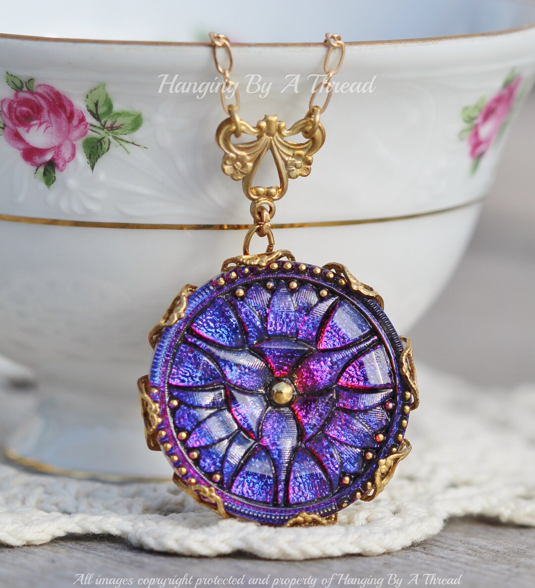 Vintage LARGE Glass Button Necklace,volacno Purple Rainbow Vitrail ...
