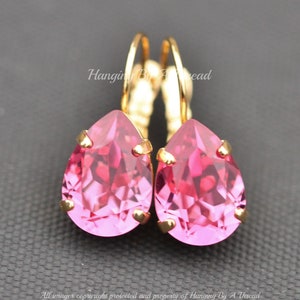 Rose Medium Bright Pink Crystal Rhinestone Earring,small Teardrop Pear ...