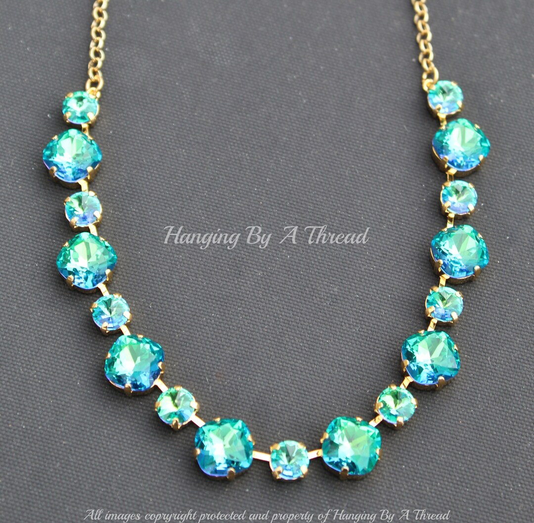LIMITED Crystal Blue Green Sphinx Tennis Necklace,cushion Rounded ...