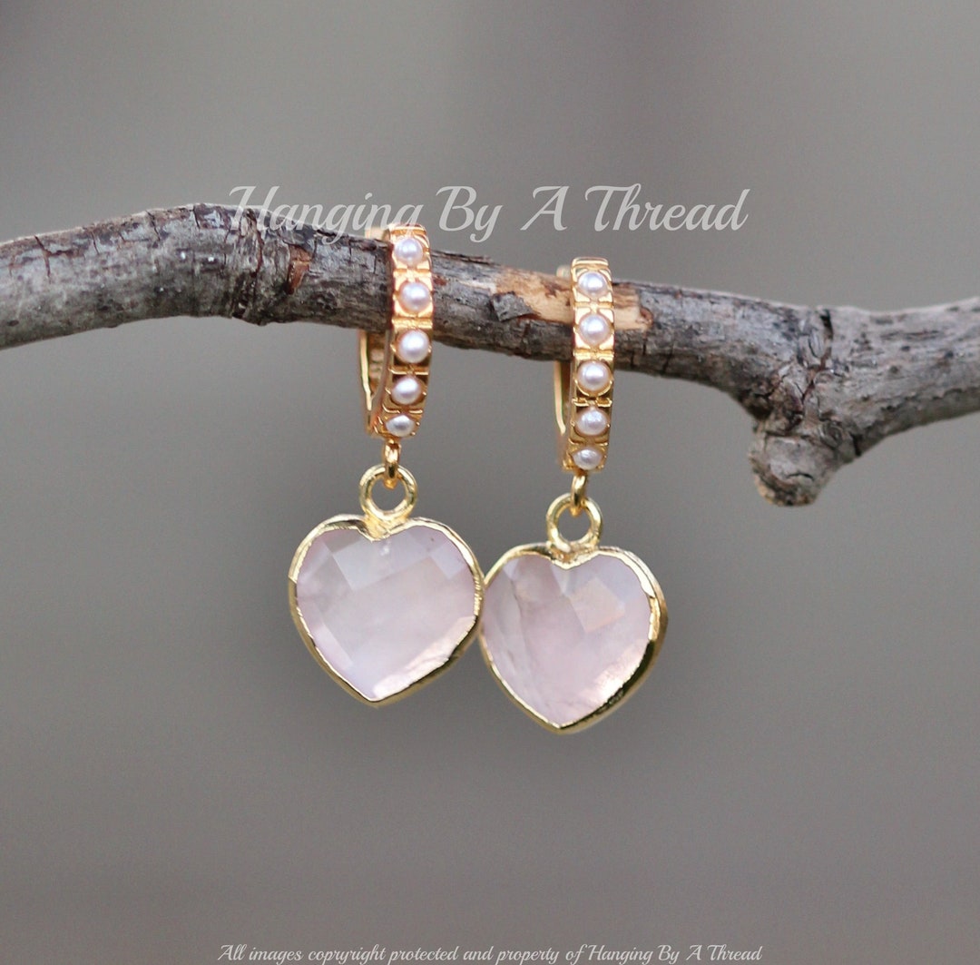 NEW Small Rose Quartz Heart Hoop Earrings,small Gold Huggie Hoops ...
