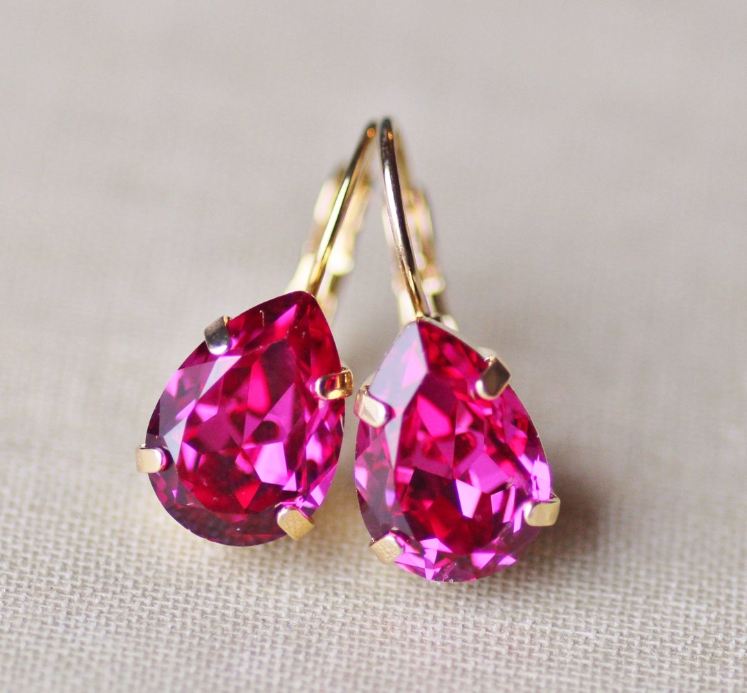 Fuschia Hot Bright Pink Crystal Rhinestone Earring,small Teardrop Pear ...