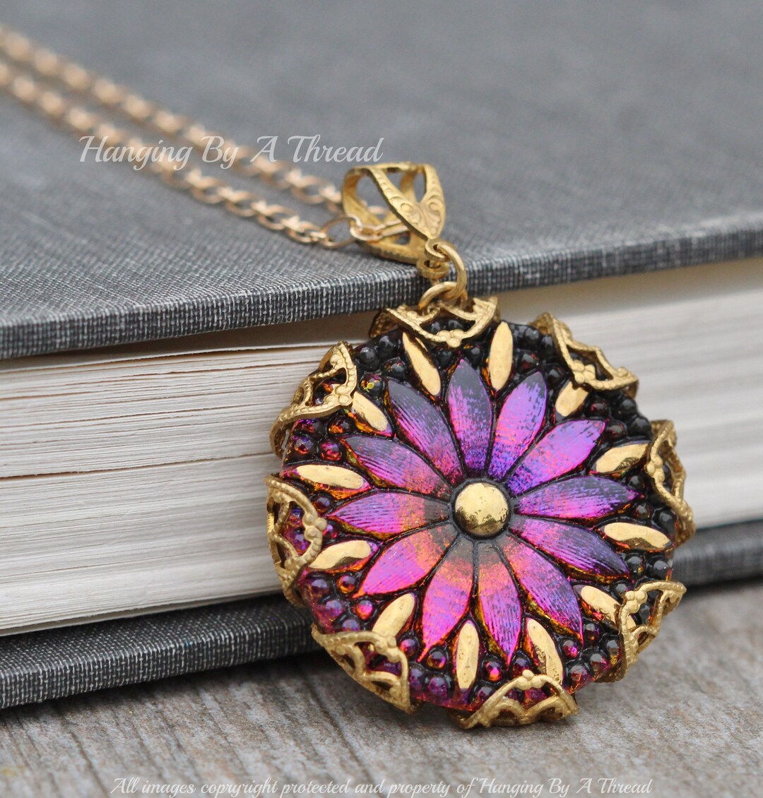 Vintage LARGE Glass Button Necklace,volcano Purple Pink Rainbow Vitrail ...