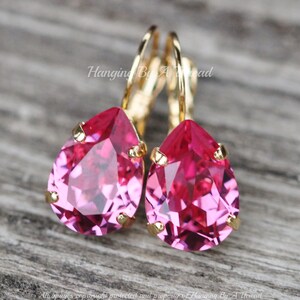 Rose Medium Bright Pink Crystal Rhinestone Earring,small Teardrop Pear ...