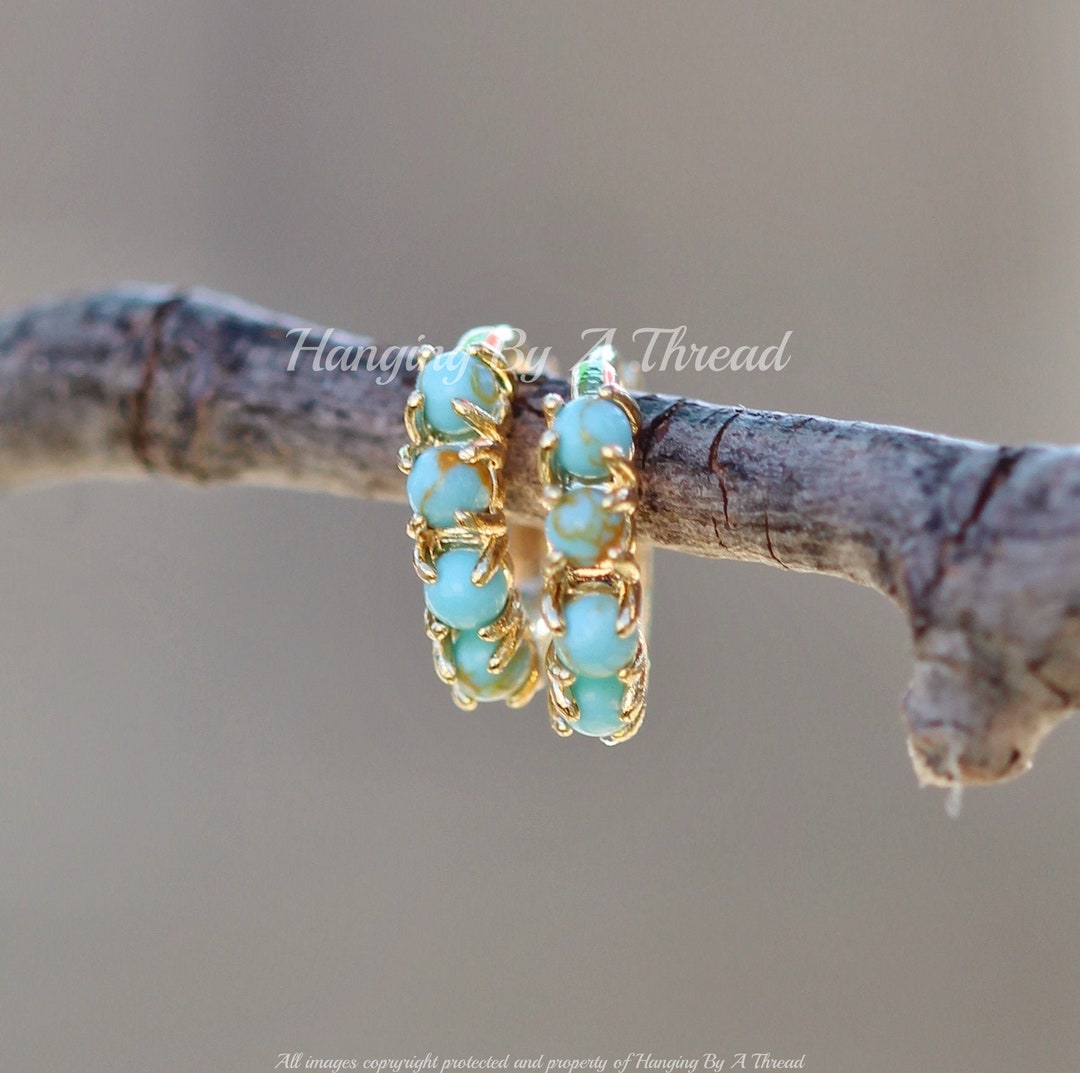 Genuine Turquoise Small Huggie Hoops,aqua Blue Gemstone Hoop,clicker ...
