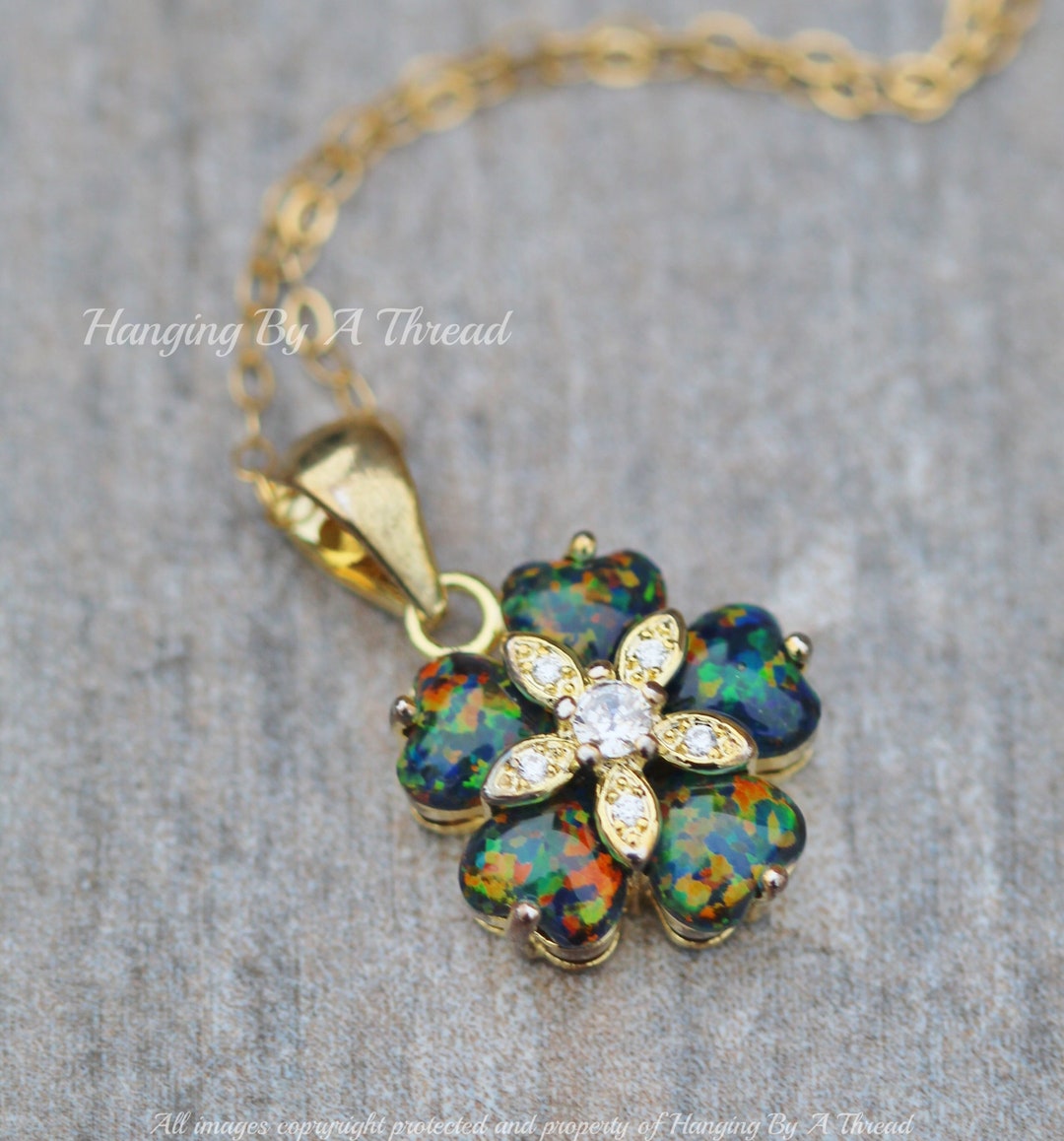 NEW Black Opal Flower Pendant Necklace,gold Black Rainbow Lab Created ...