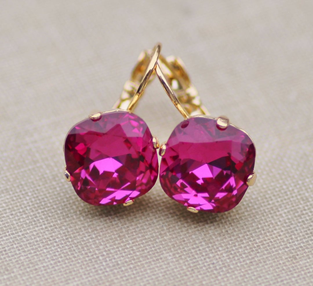 Fuchsia Swarovski Cushion Earring,lever Back or Post,rhinestone Crystal Drop Earring,hot Bright ...