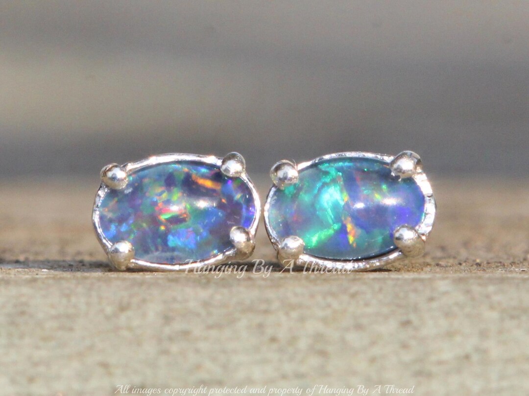 Genuine AUSTRALIAN Boulder Opal Triplet Earrings,australian Opal Stud,oval,platinum Sterling ...
