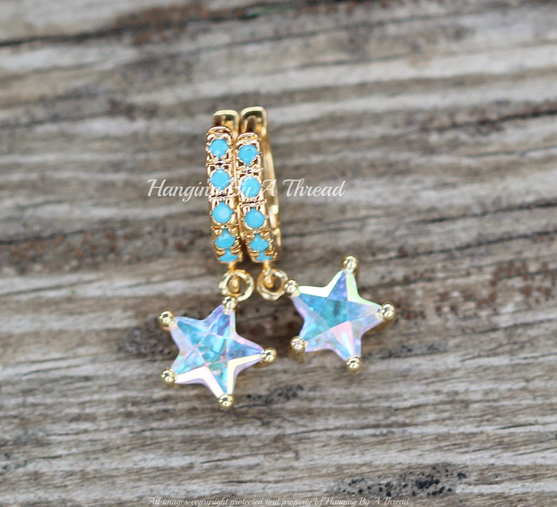 NEW Crystal AB Turquoise Star Earrings,small Gold Huggie Hoops,clicker ...
