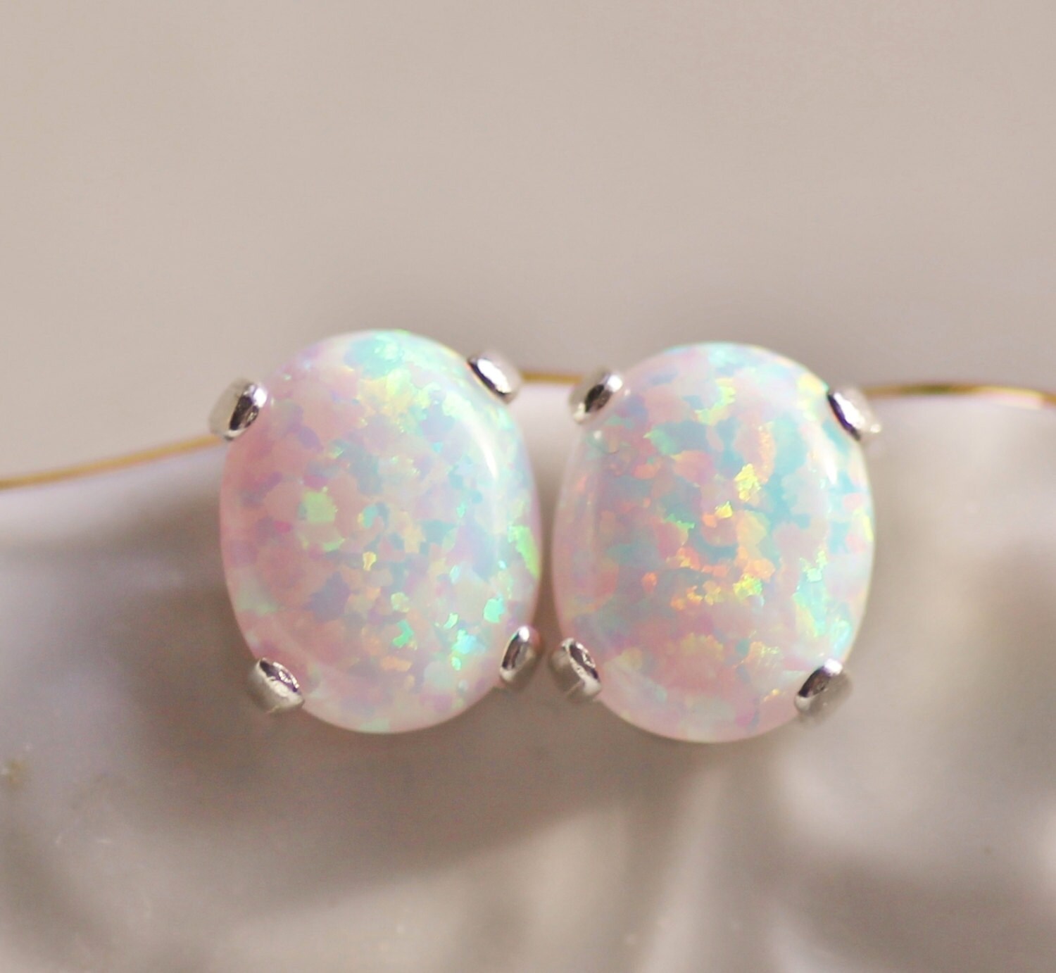 White Opal Gemstone Earrings,white Opal Post Earrings,lab Created Opal ...