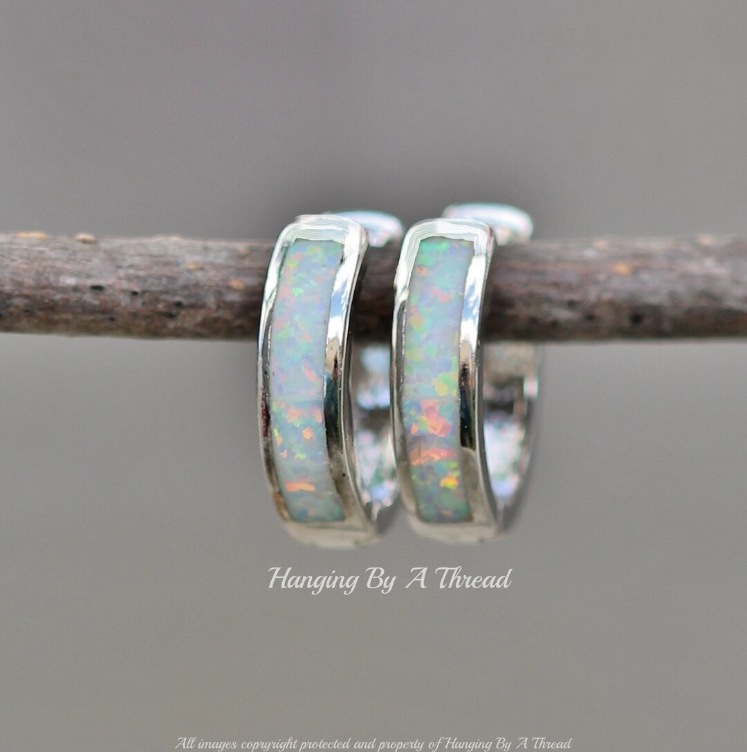 NEW Tiny White Opal Hoop Earrings,silver Huggie Hoop,white Lab Created ...
