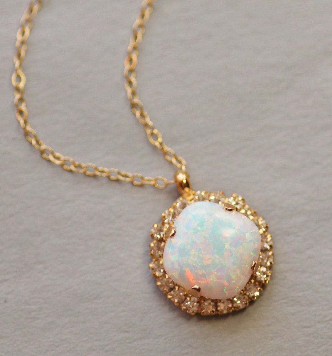 White Opal Gemstone Necklace,halo Rhinestone Necklace,white Opal ...