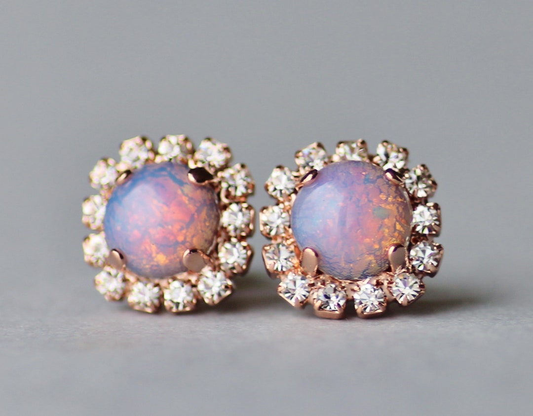 NEW Rose Gold Fire Opal Halo Stud Earrings,rose Gold Crystal Halo,stud ...
