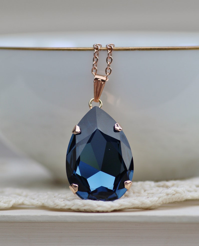 Large Sapphire Navy Blue Rhinestone Pendant Necklace,rose Gold Large ...