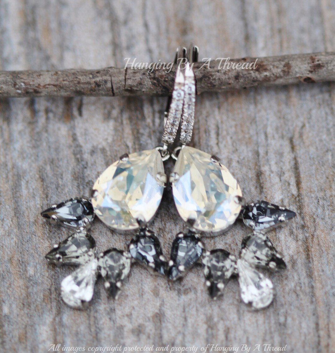 Swarovski Clear Black Diamond Grey Cluster Earrings,pear Teardrop Drop ...