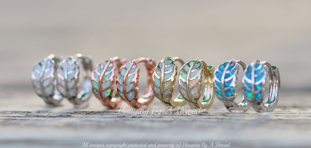 NEW Tiny Opal Leaf Hoop Earrings,silver,gold,rose Gold Huggie Hoop ...