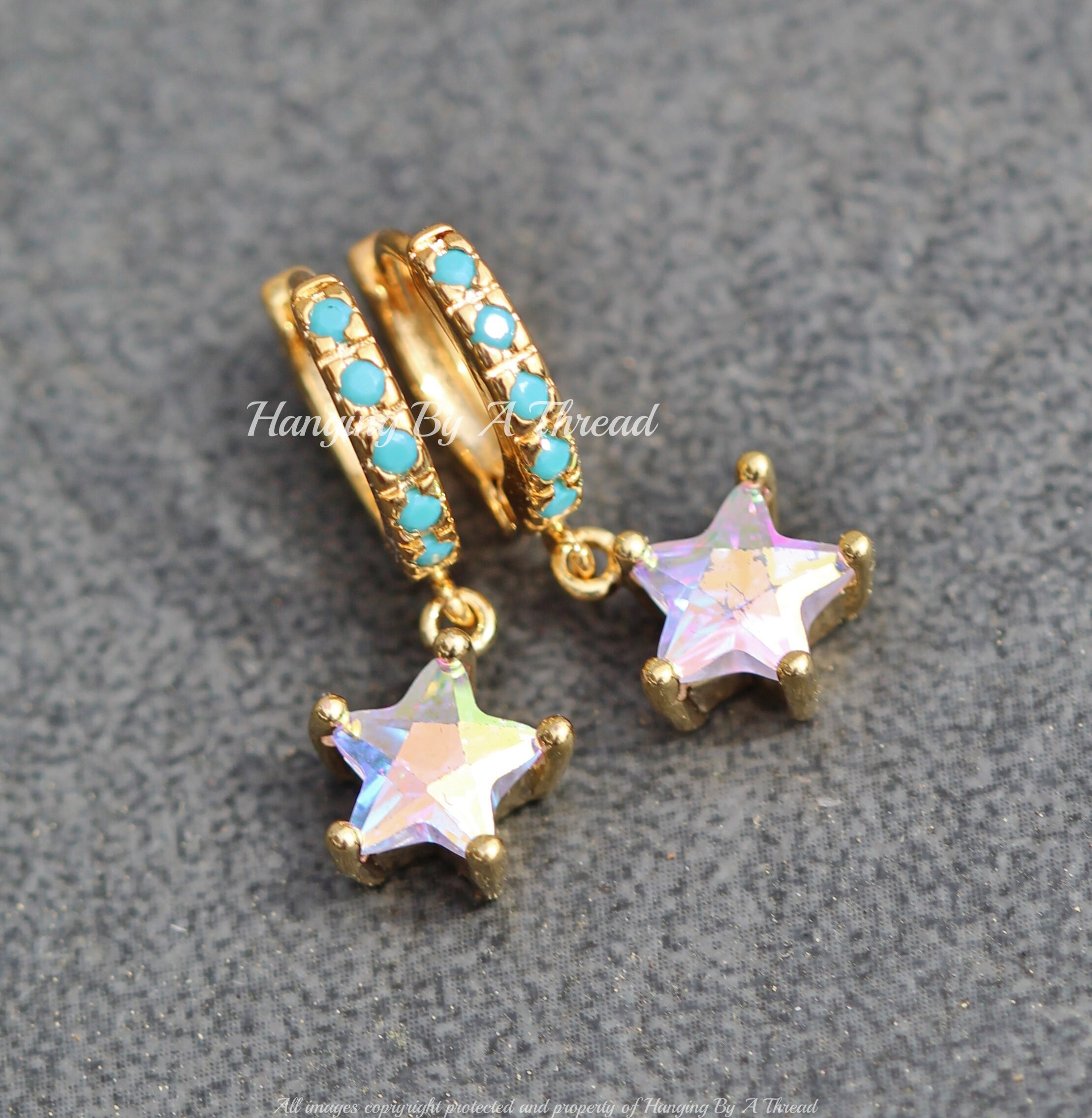 NEW Crystal AB Turquoise Star Earrings,small Gold Huggie Hoops,clicker ...