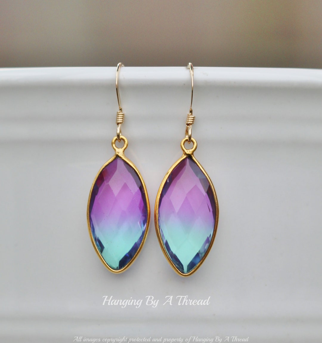 Genuine Doublet Bi Color Quartz Earrings,gold,blue Green Purple Quartz ...