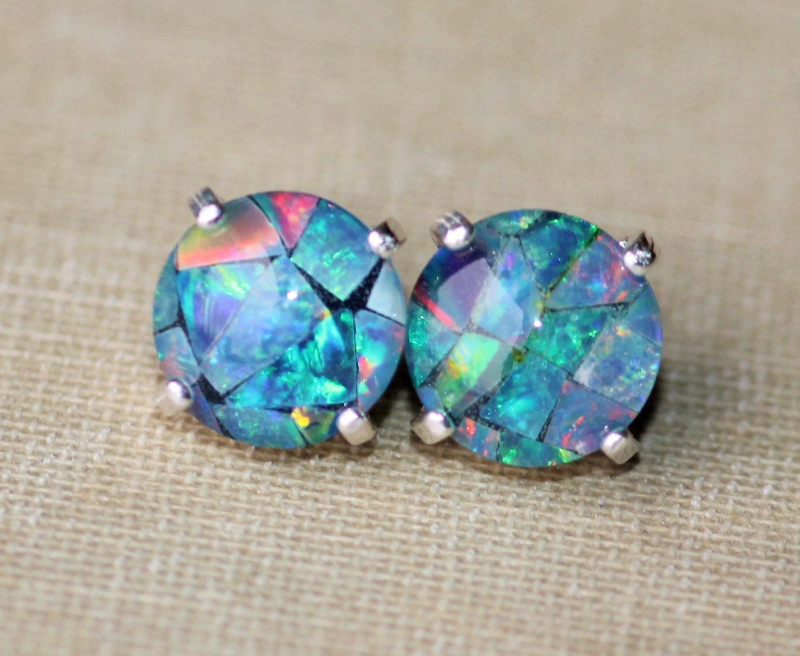 GENUINE Opal Earrings,australian Mosaic Opal Petite Earrings,round ...