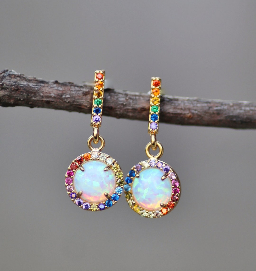 White Lab Created Opal Rainbow Small Earrings,rainbow Jewel Toned Opal ...