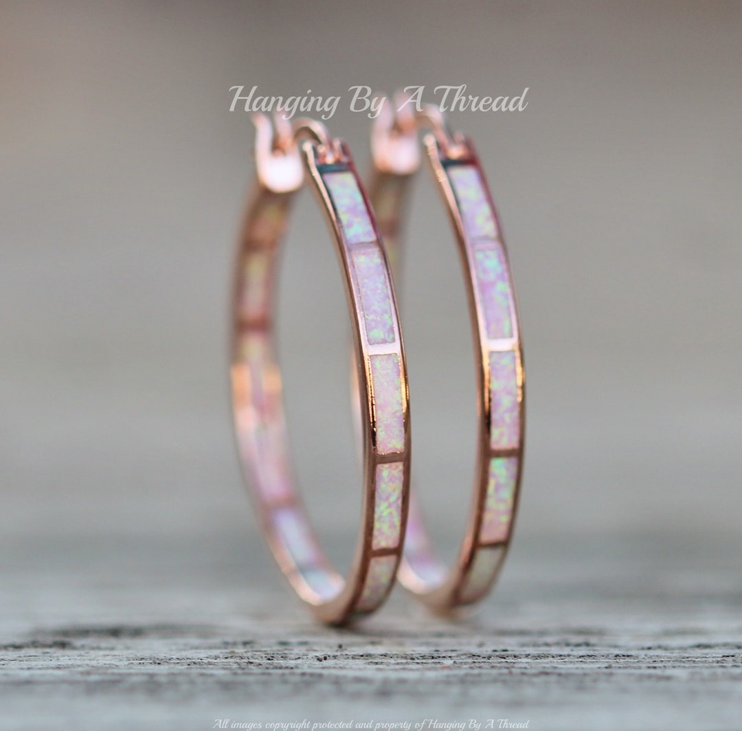LARGE Pink Opal Rose Gold Hoop Earrings,lab Created Opal Endless Hoop ...