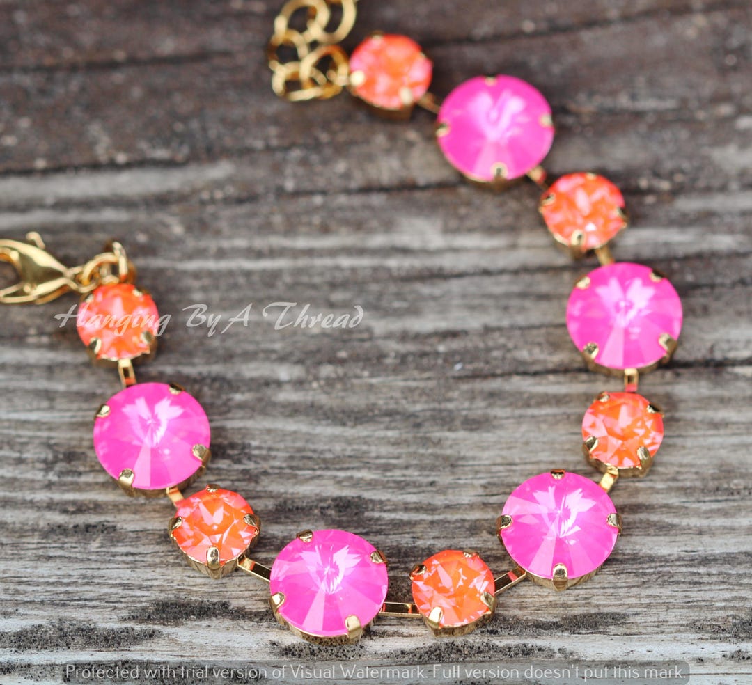 NEW Electric Neon Pink Orange Crystal Tennis Bracelet,12mm 8mm Mixed ...