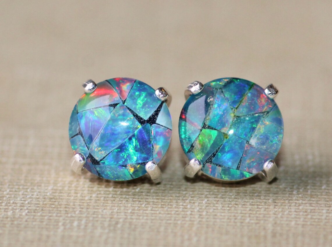 GENUINE Opal Earrings,australian Mosaic Opal Petite Earrings,round ...